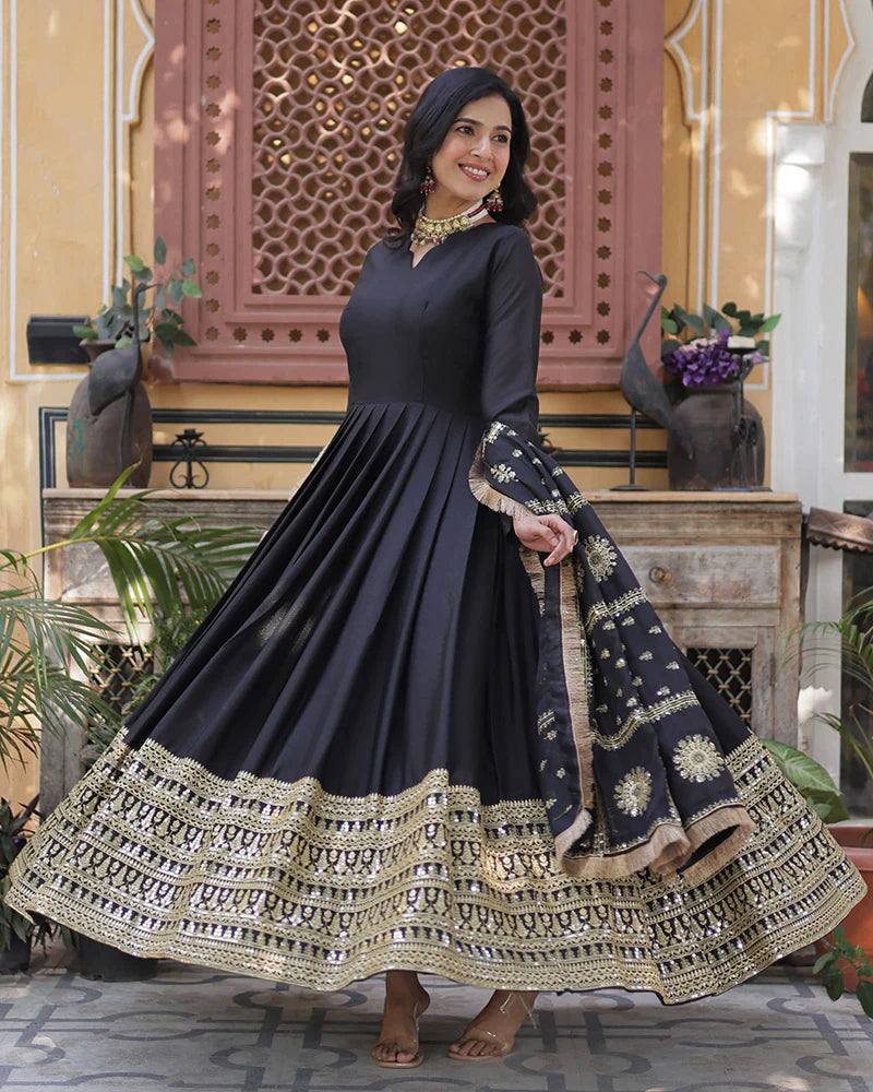 BLACK COLOR STAR GEORGETTE FABRIC BASE EMBROIDERED SEQUENCE WORK GOWN ...