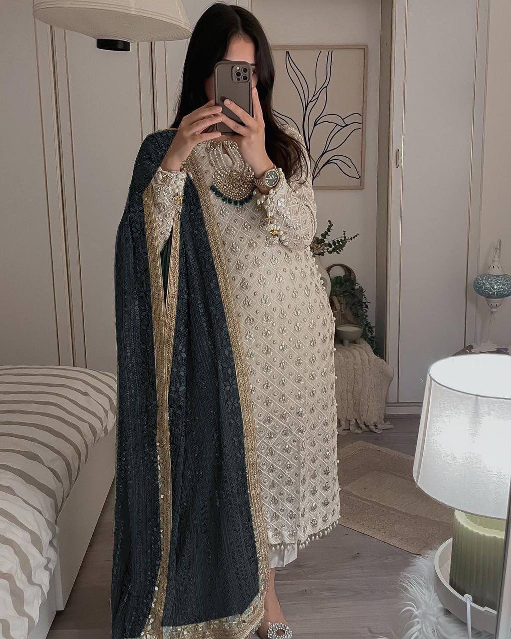 PRETTY WHITE COLOR EMBROIDERY SEQUENCE WORK SALWAR KAMEEZ WITH BLACK D ...