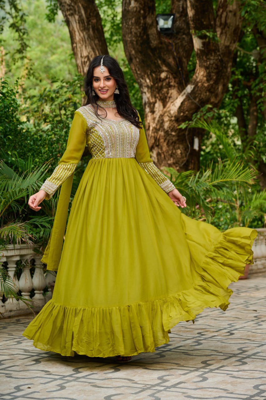 DARK MUSTARD COLOR STAR GEORGETTE EMBROIDERED GOWN – Cholicart